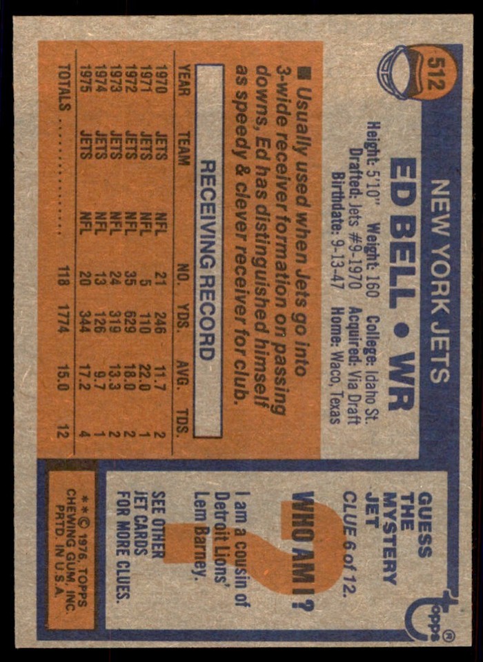 1976 Topps Ed Bell Football Card New York Jets #512 | eBay