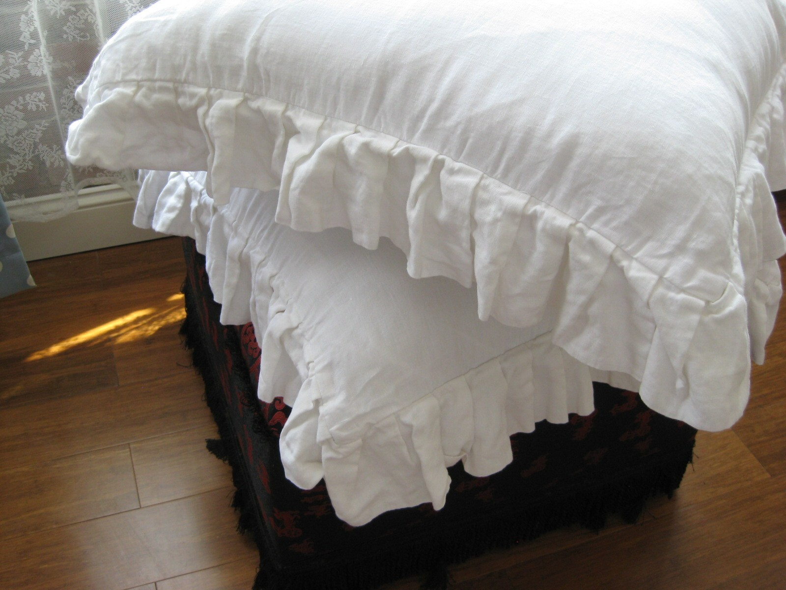 1 Pair of White 100% Pure French Linen Euro Sham Cover with Ruffled ...