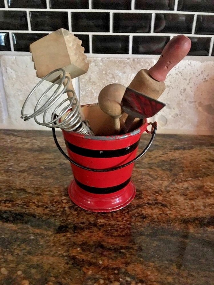 Antique German red metal Pail Bucket with implements | eBay