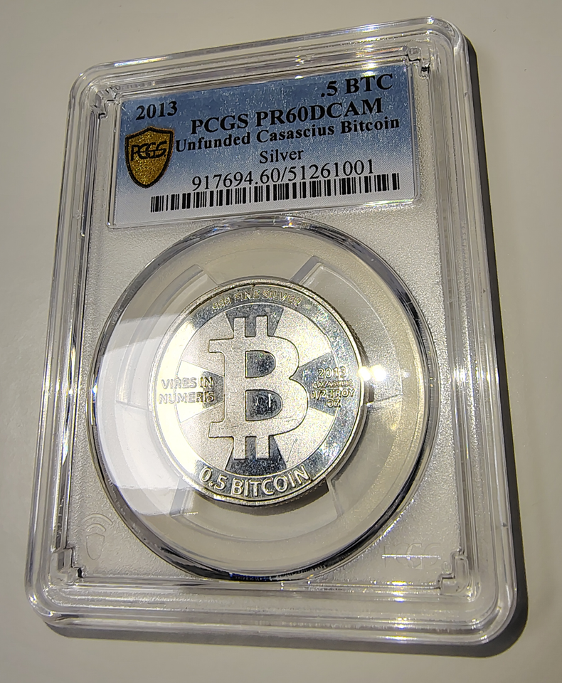 Casascius 0.5 BTC PR60 SILVER not funded 2013 Physical Bit Coin graded ...