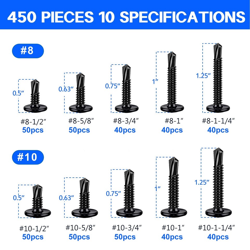 450PCS Self Tapping Screws for Metal, 410 Stainless Steel Self Drilling ...