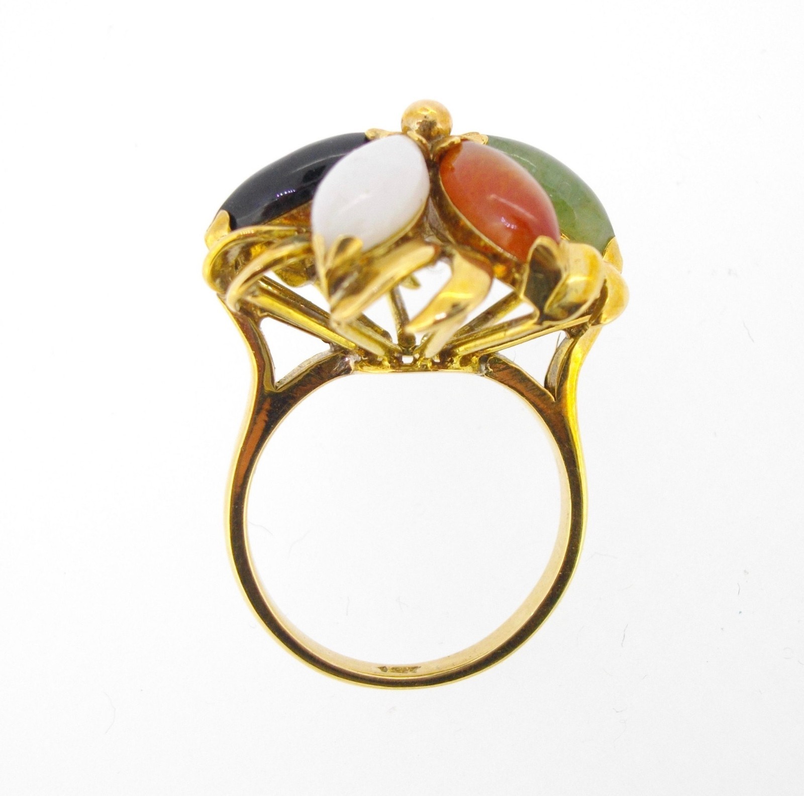 Ring 14K yellow gold MULTI COLOR JADE cluster blk yel grn red lav whit ...