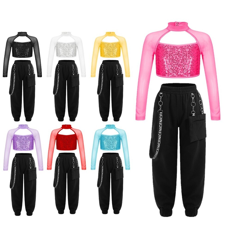 Kids Girls Dancewear Sequins Dance Crop Top with Cargo Jogger Pants Set ...