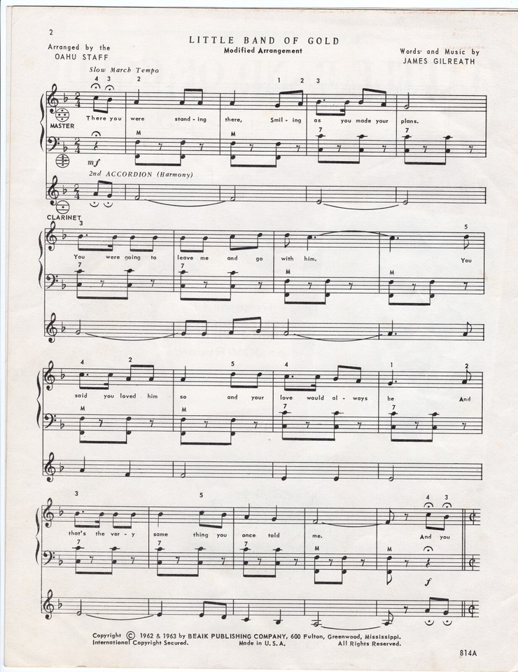 James Gilreath 1963 Accordion Sheet Music Little Band Of Gold No. 814A ...