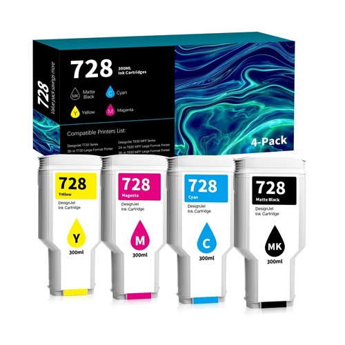 728 Ink Cartridges (4 X 300ml, Matte Black/Cyan/Magenta/Yellow), 728 ...