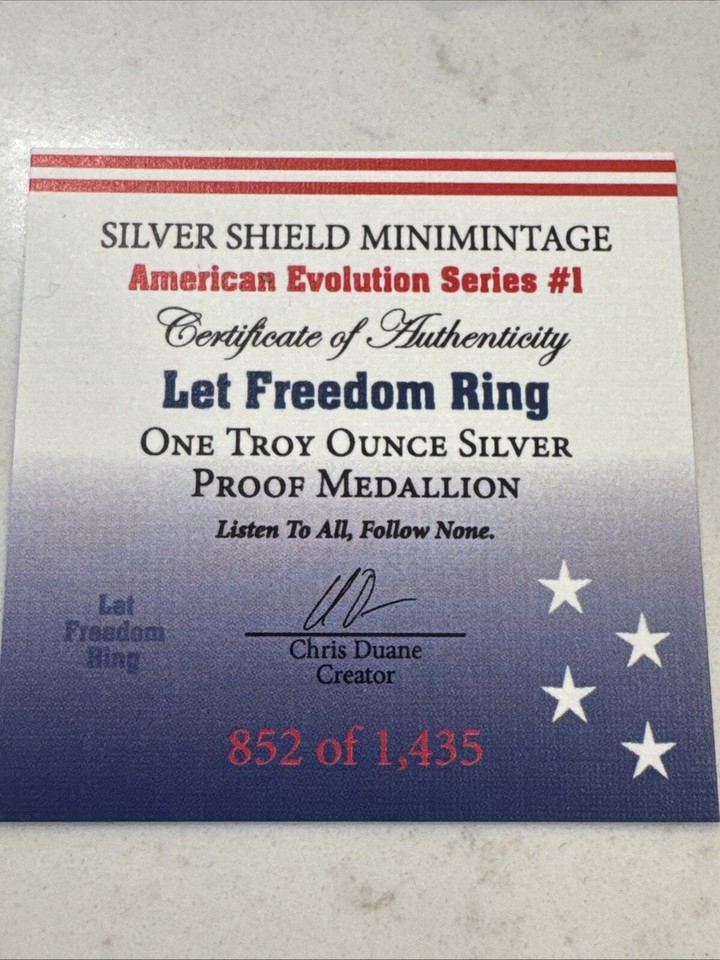 1 OZ .999 PURE SILVER SHIELD PROOF LET FREEDOM RING MINIMINTAGE ROUND ...