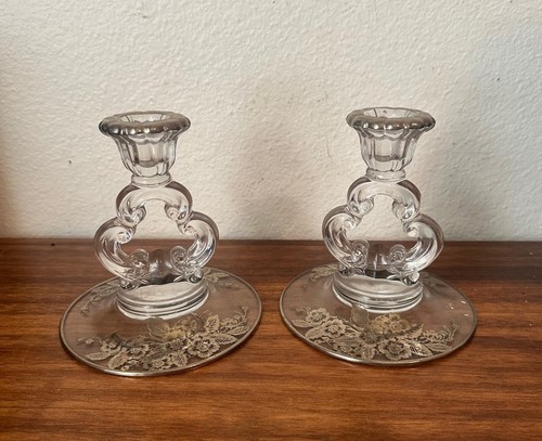 Pair of Vintage Cambridge Rose Point Keyhole Glass Candlesticks w ...