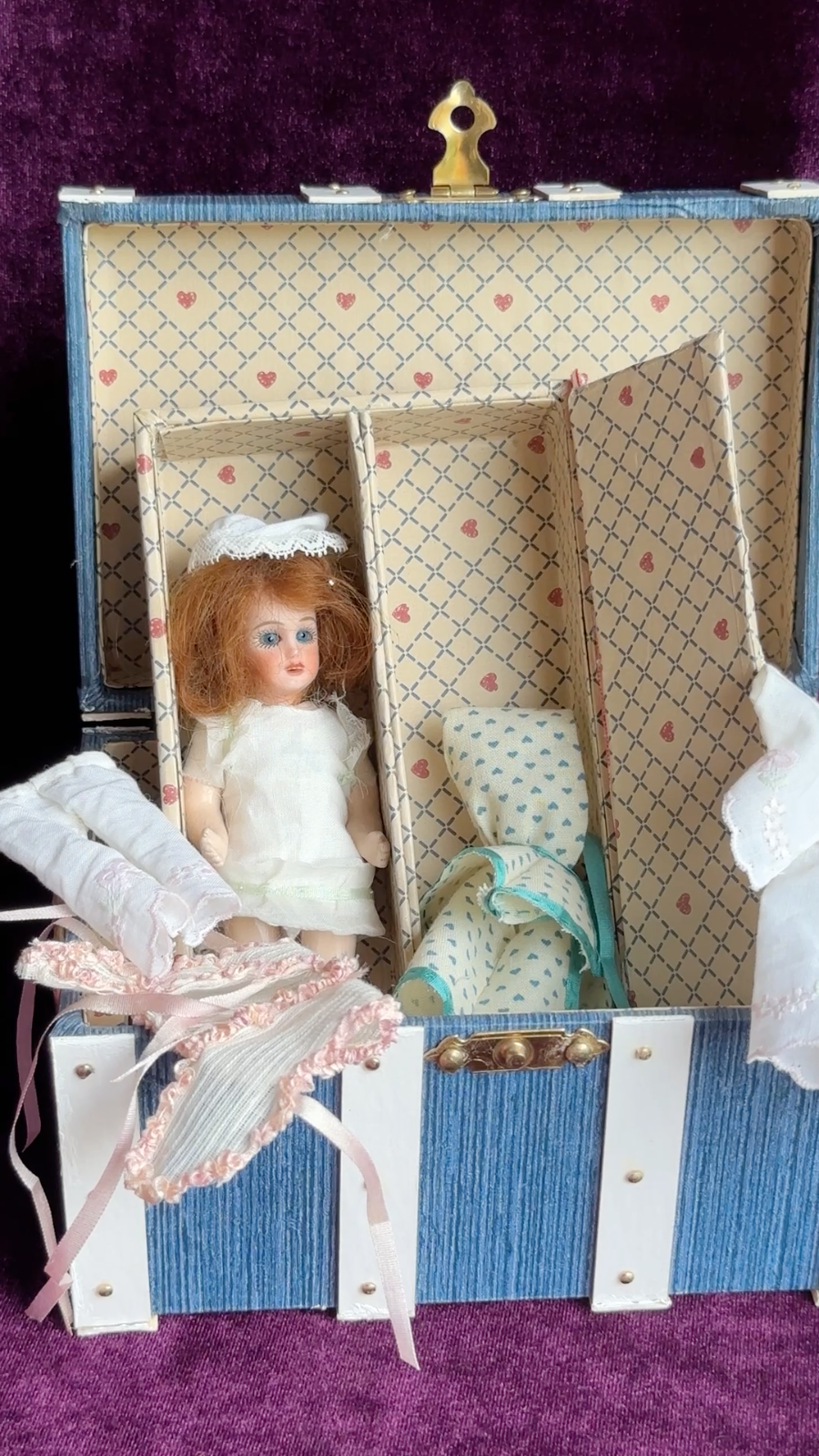 Miniature 4.5” Reproduction of French Bleuette Dollhouse Doll in Trunk ...