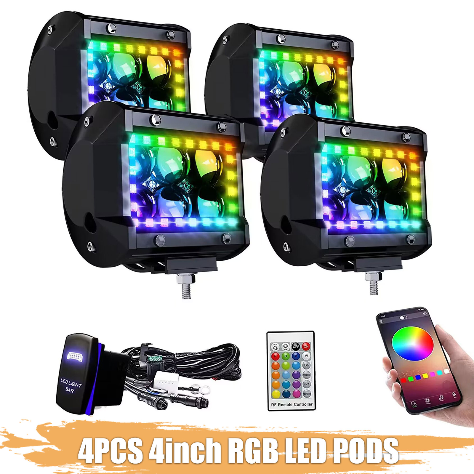 4INCH LED Pods Work Light BAR Multi-Color Chasing RGB Fog Halo Strobe ...