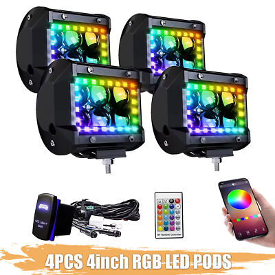 4INCH LED Pods Work Light BAR Multi-Color Chasing RGB Fog Halo Strobe ...