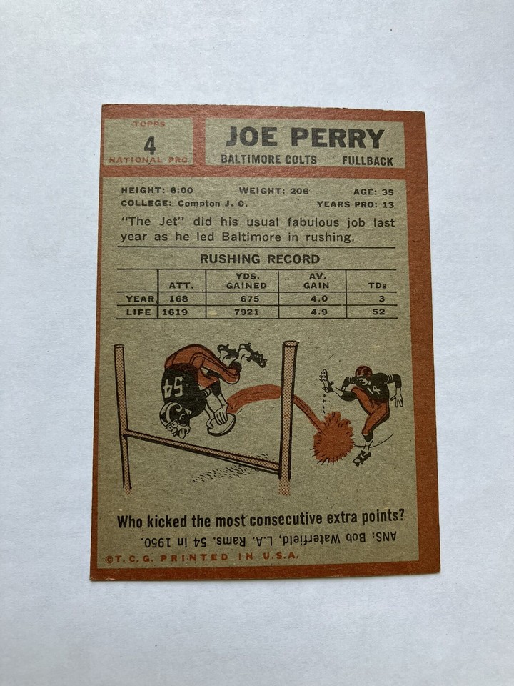 1962 Topps Football #4 Joe Perry The Jet HOF EX Baltimore Colts Compton ...