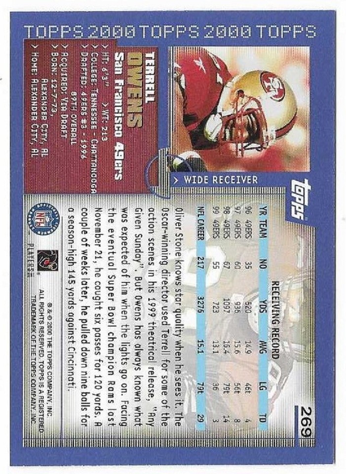 TERRELL OWENS 2000 Topps Football # 269 San Francisco 49ers HOF NM - MT ...