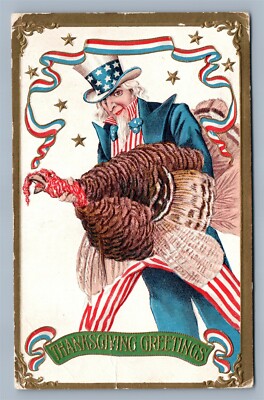 UNCLE SAM w/ TURKEY THANKSGIVING GREETINGS 1909 ANTIQUE POSTCARD ...