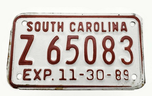 1989 South Carolina Motorcycle License Plate #Z-65083 White & Red ...