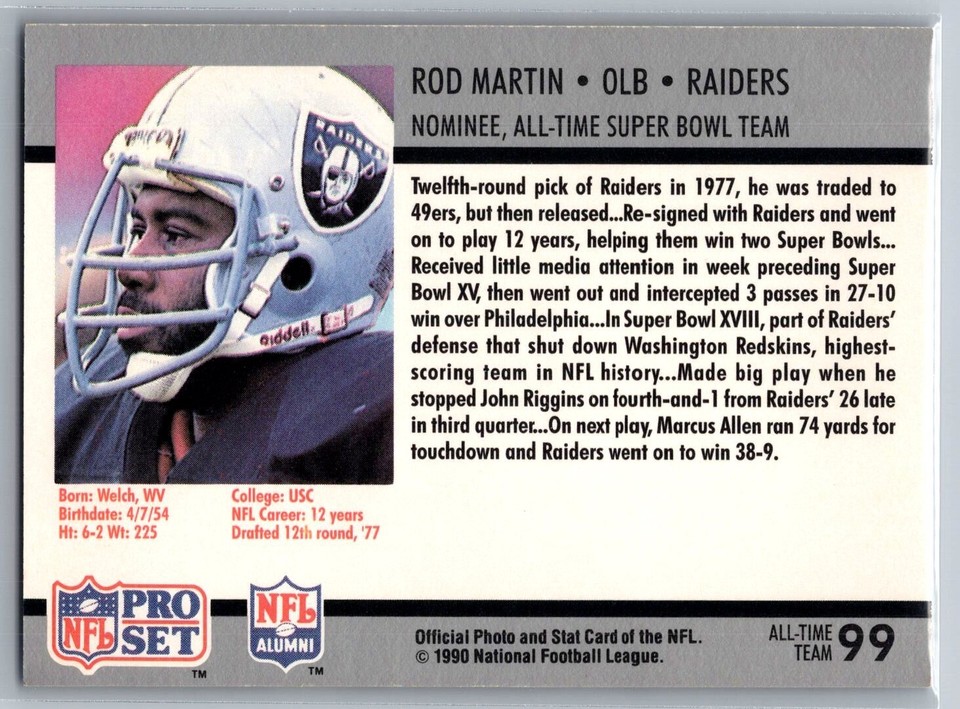 1990 NFL Pro Set Super Bowl XXV Silver Anniversary #99 Rod Martin NFL ...
