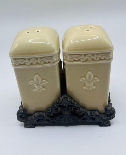 Drake Design Salt & Pepper Shaker Tuscan Scroll Fleur de Lis Tan Taupe ...