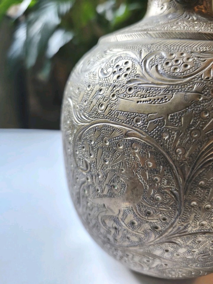 Vintage Hand Engraved Brass Vase 8" Indian Kashmiri Deer & Bird Floral ...