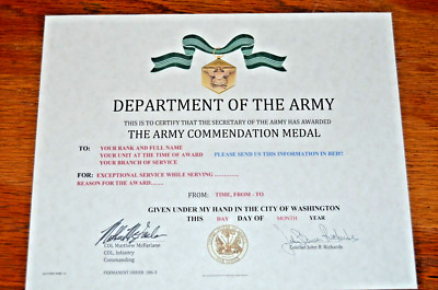 United States Army Commendation Medal Certificate, not embossed ARCOM ...