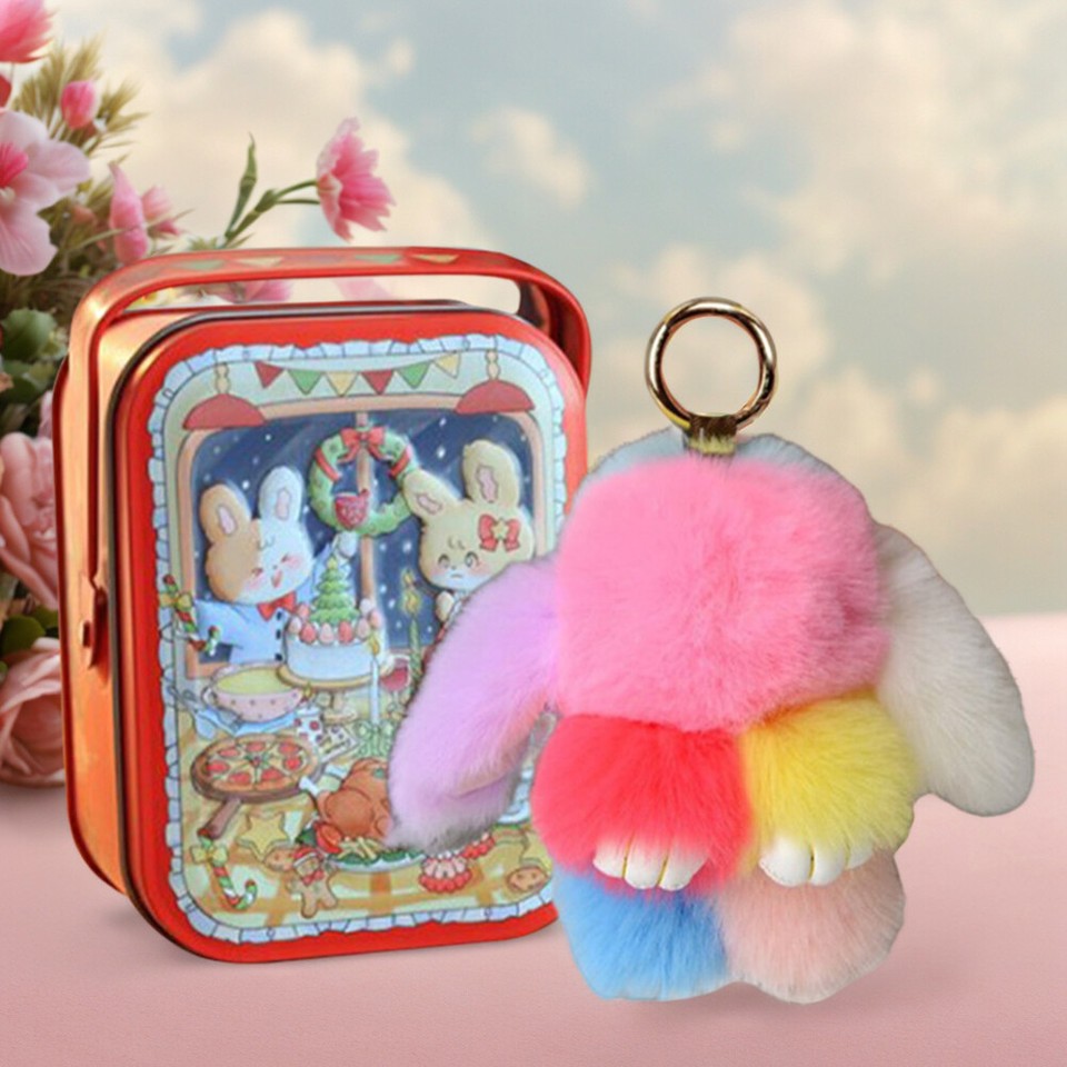 Plush Rabbit Keychain with Tin Fluffy Rabbit Keyring Soft Decorative ...
