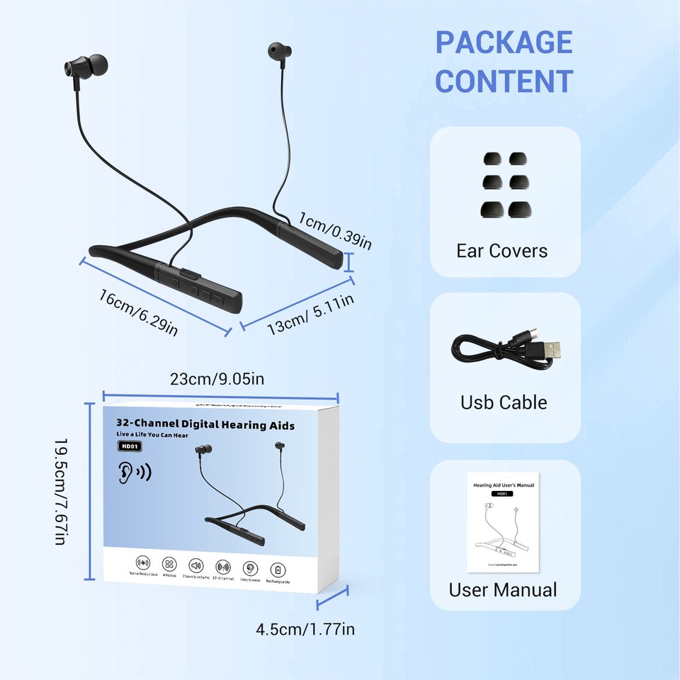 Rechargeable Neck Hanging Hearing Aids for Seniors 35dB Gain Noise ...