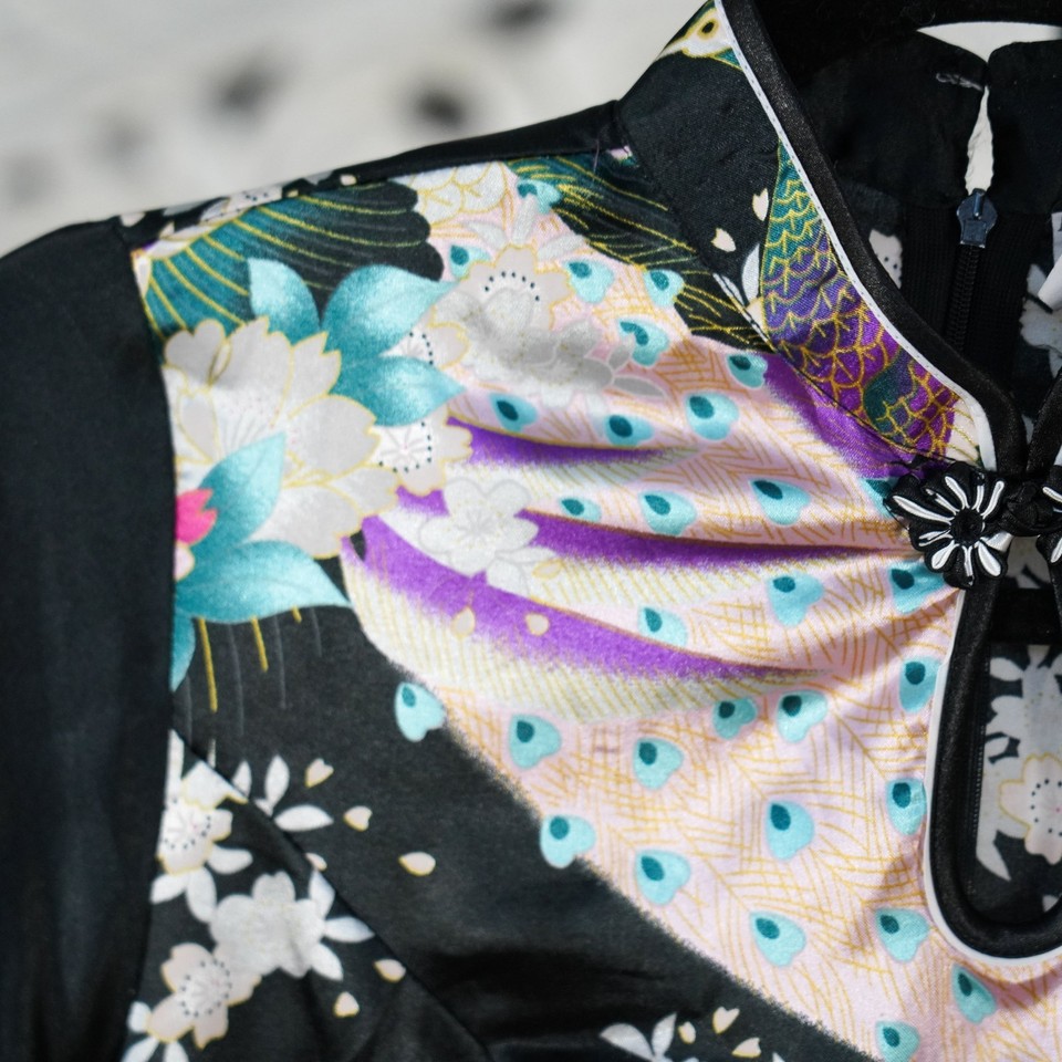 Kim Lai 100% Silk Girls L Black Peacock Floral Cheongsam Qipao Dress | eBay