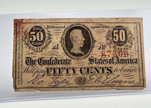 1863 50C Confederate States America Richmond Fifty Cents US Note Paper ...