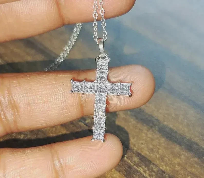 1.20Ct Princess Cut Lab Created Diamond Cross Pendant 14K White Gold ...