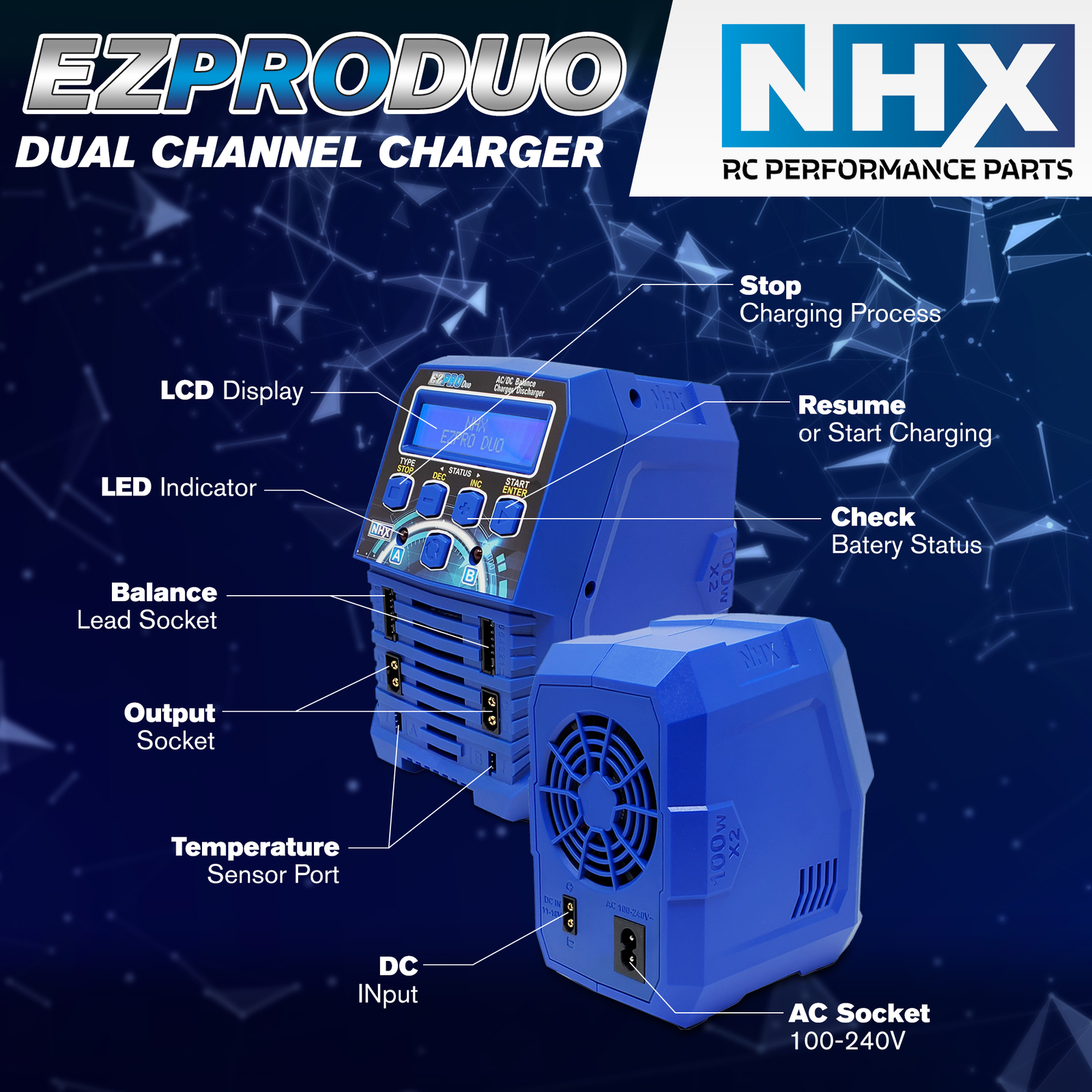 NHX EZPRO DUO 100W X2 Dual AC/DC 12A LIPO/LIHV & NIMH RC Battery ...