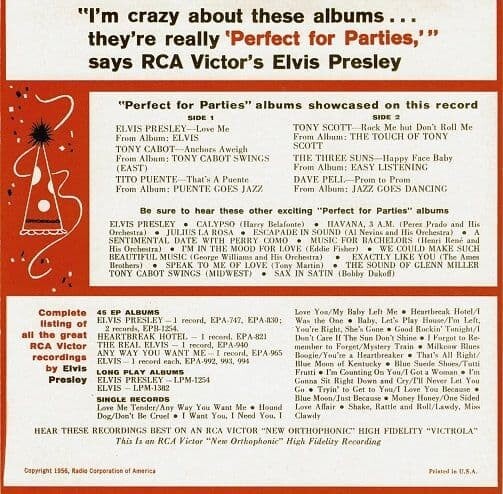 ELVIS PRESLEY Perfect For Parties EP Vinyl Record Single 7 Inch RCA ...