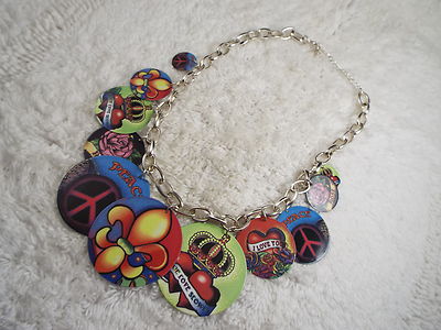 Retro 60's Colorful Disk Pendants Love Peace Rose Crown Necklace (D18 ...