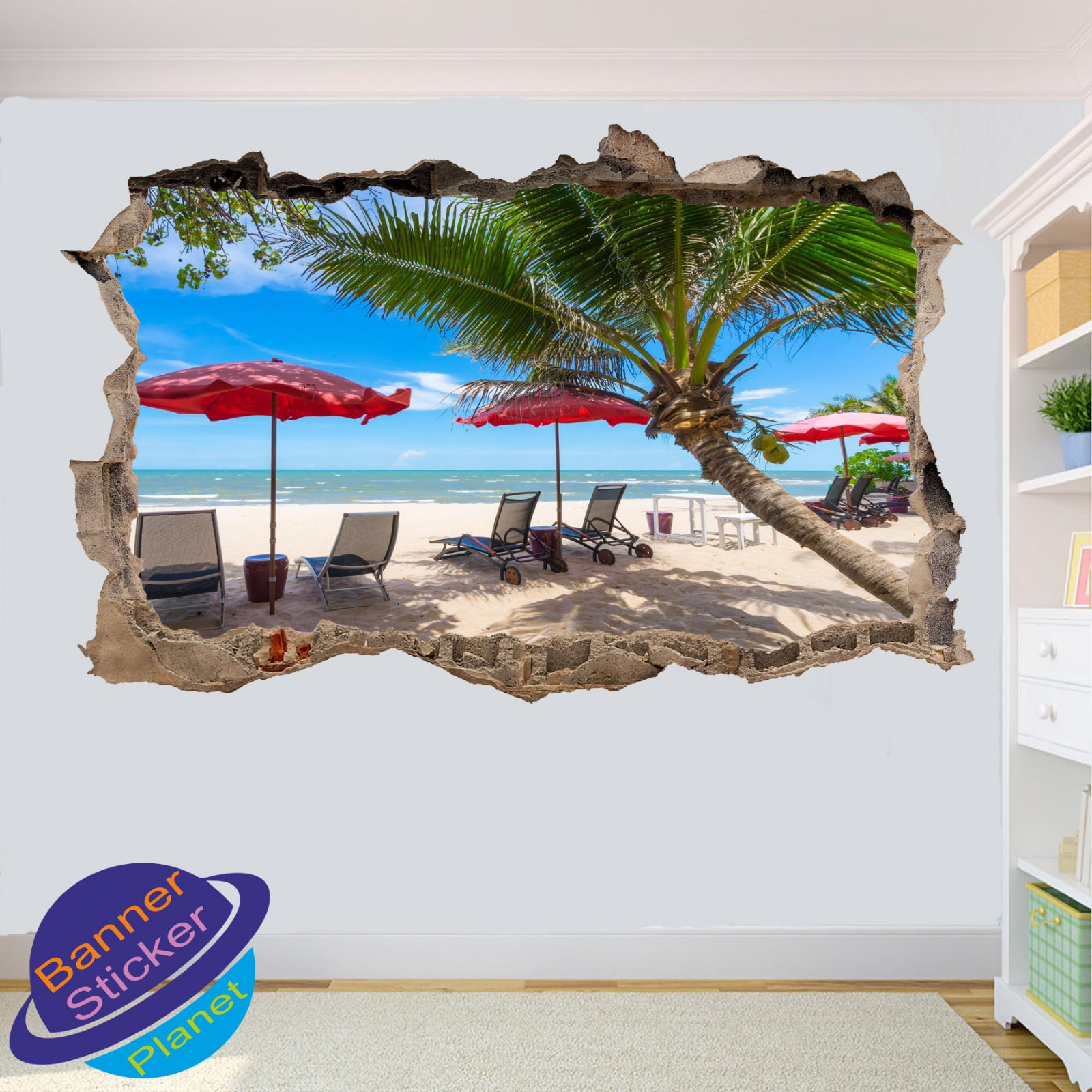 SUNBED HOT SUMMER BEACH PALM WALL STICKERS 3D ART POSTER MURAL DECAL ...
