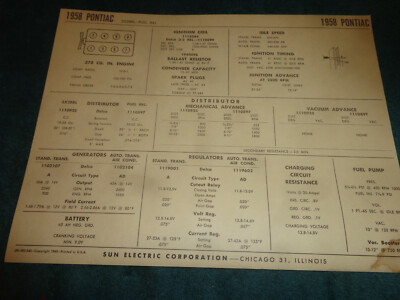 1958 PONTIAC 370 V8 ENGINE SUN TUNE-UP CHART / 3X2BBL CARBS & FUEL ...