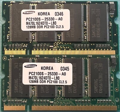 LOT OF 2 SAMSUNG M470L1624DT0-LB0 LAPTOP MEMORY RAM 128MB DDR PC2100S ...
