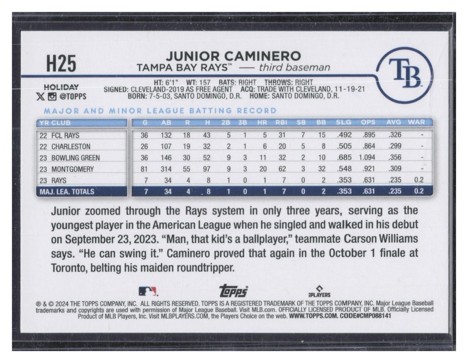 2024 Topps Holiday #H25 Junior Caminero Holiday Silver Glitter RC Rays ...