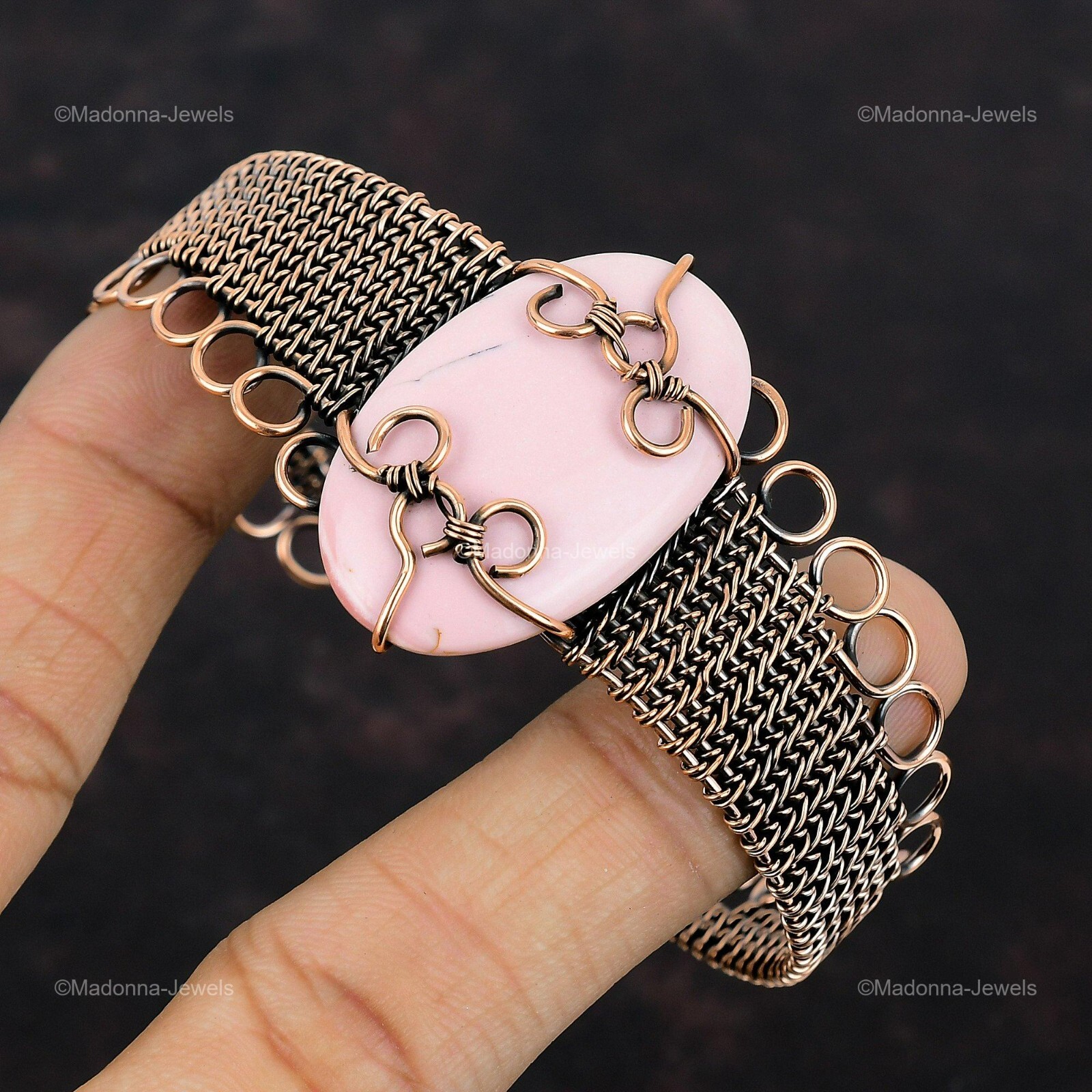 Pink Opal Gemstone Wire Wrapped Cuff Adjustable Bangle Copper Jewelry ...