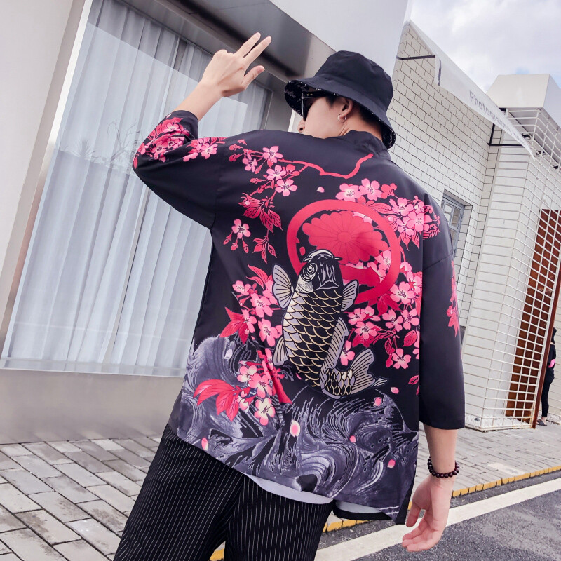 Mens 3/4 Sleeve Casual Kimono Yukata Cardigan Tops Shirts Japanese ...
