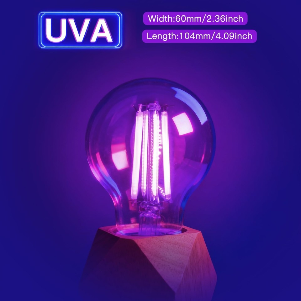 6 Pack E26 A19 Filament LED Black Light Bulbs, 9W Blacklight Bulb, 100W ...