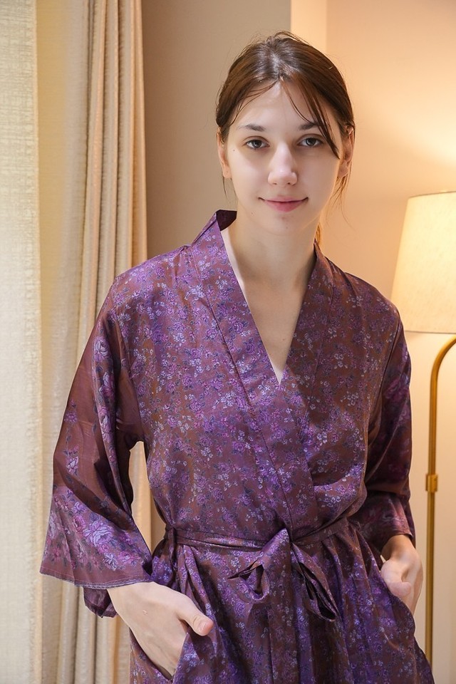 Pure Silk Midi Kimono Robe Knee Length Gown Silk Kimono Robe Brown PS ...