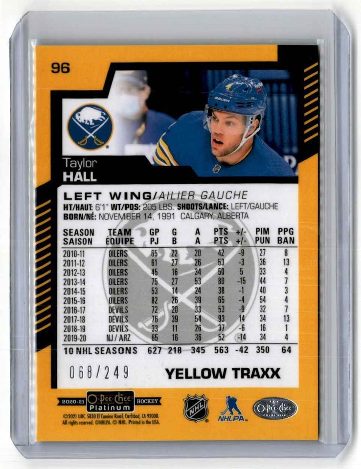 2020-21 O-Pee-Chee Platinum Yellow Traxx Taylor Hall 068/249 Buffalo ...