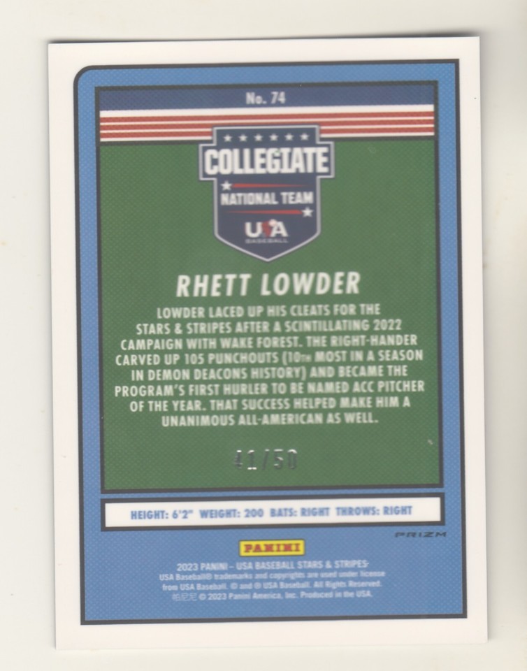 2023 USA Stars & Stripes COLLEGIATE TEAM LOGO #74 RHETT LOWDER RC ...