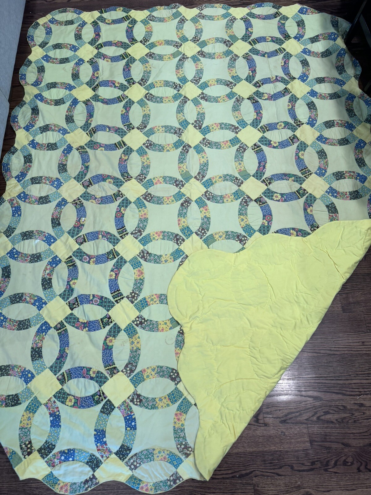 VTG ANTIQUE ORIGINAL HANDMADE DOUBLE WEDDING RING PATTERN QUILT 75x100 ...