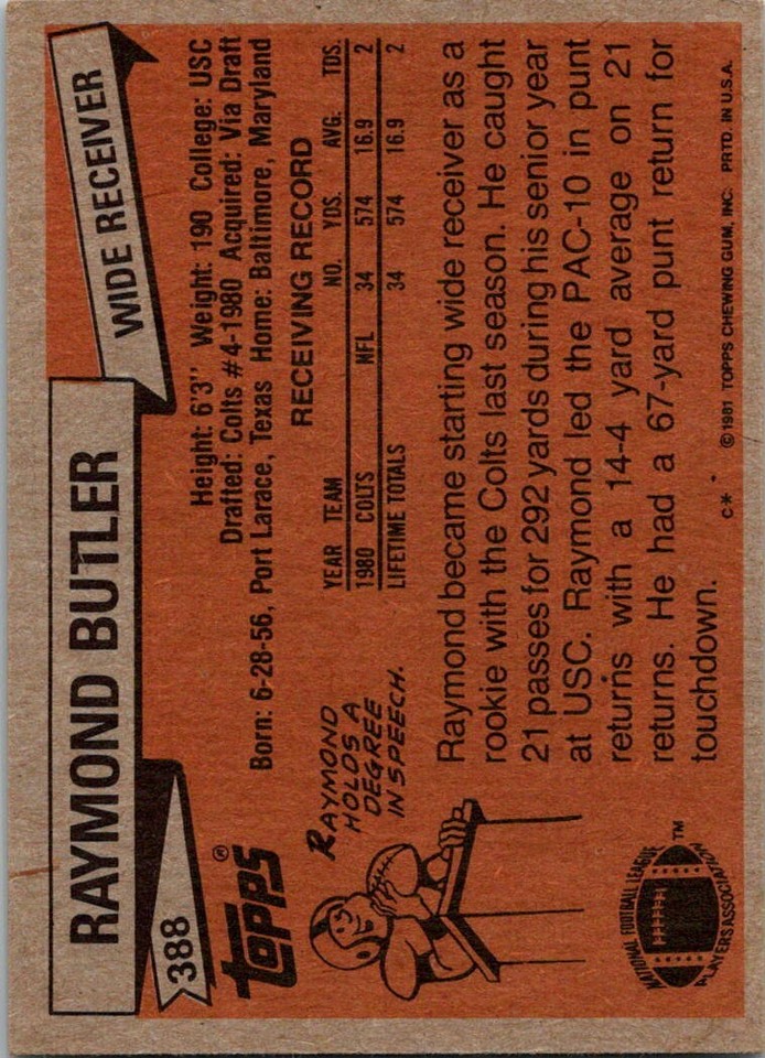 1981 TOPPS RAYMOND BUTLER RC BALTIMORE COLTS #388 | eBay