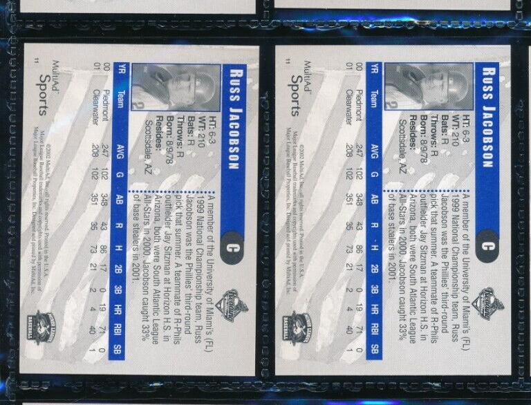 Lot (2) 2002 Multi-Ad #11 Russ Jacobson Reading Phillies (FP24) SWSW7 ...