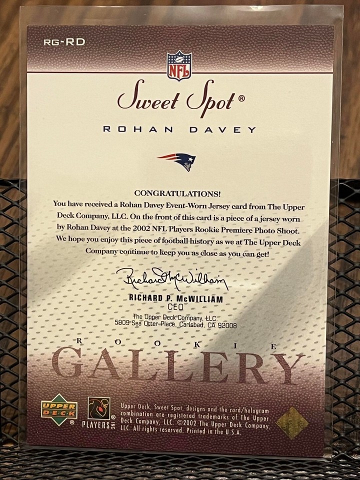ROHAN DAVEY 2002 UPPER DECK NFL SWEET SPOT ROOKIE GALLERY JERSEY ...