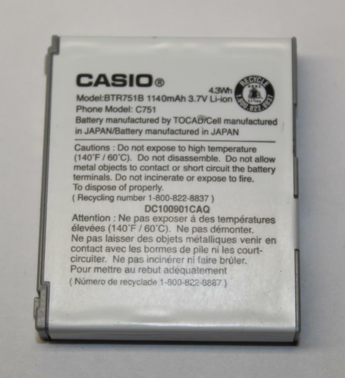 Casio BTR751B 1140mAh 3.7V Li-Ion Cellphone Battery 4.3Wh for C751 Flip ...