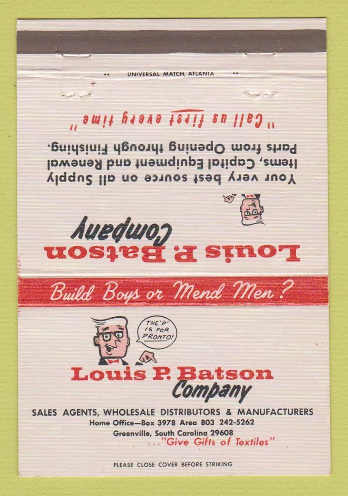 Matchbook Cover - Louis Batson Company Greenville SC 40 Strike | eBay