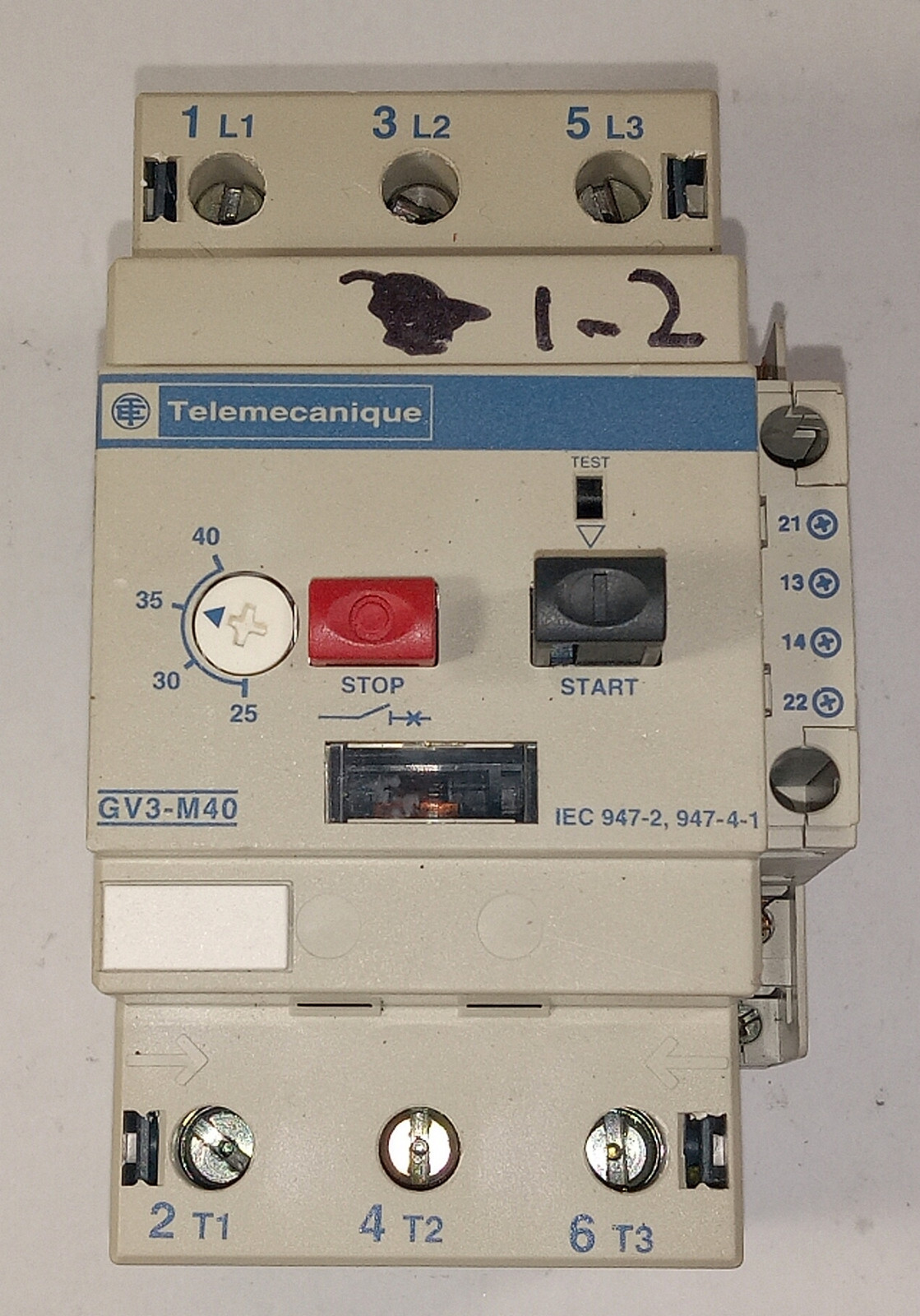 1 USED TELEMECANIQUE GV3-M40 MANUAL MOTOR CIRCUIT BREAKER W/GV1-A01 ...