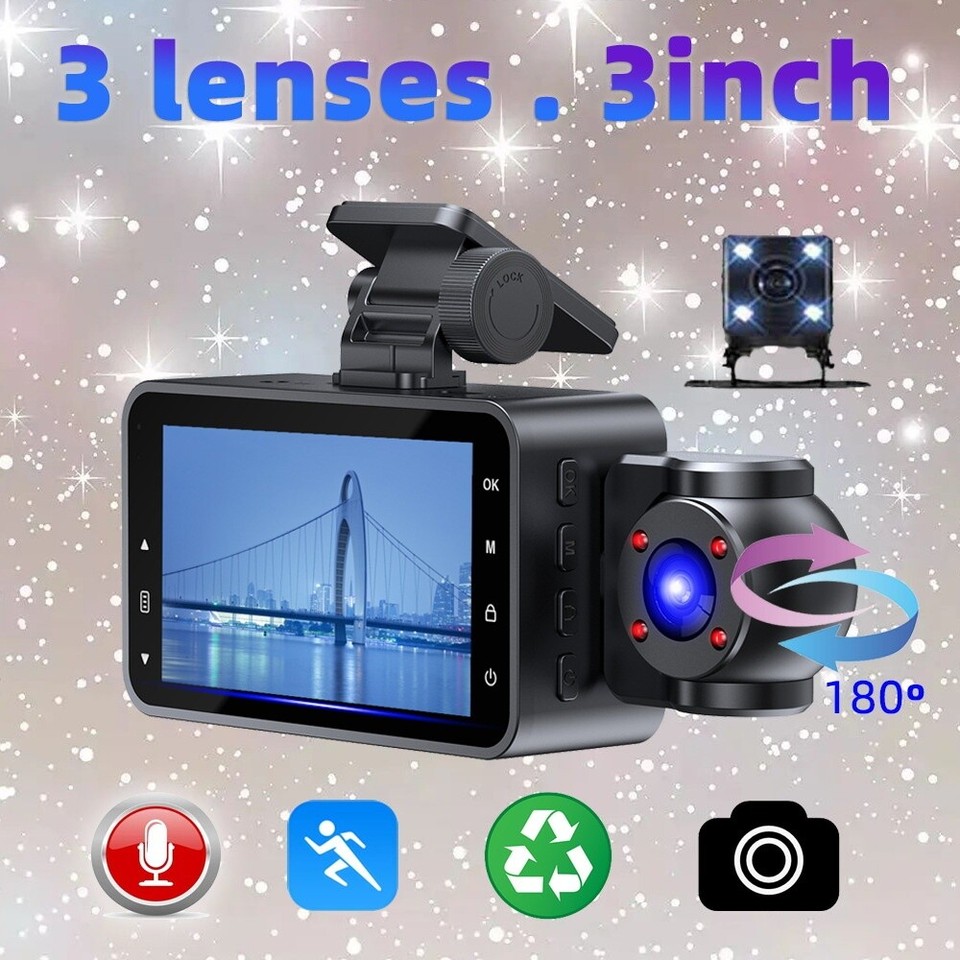 Dash Cam HD 1080p Car Dual Lens Front/Rear/Inside Video Recorder Camera ...