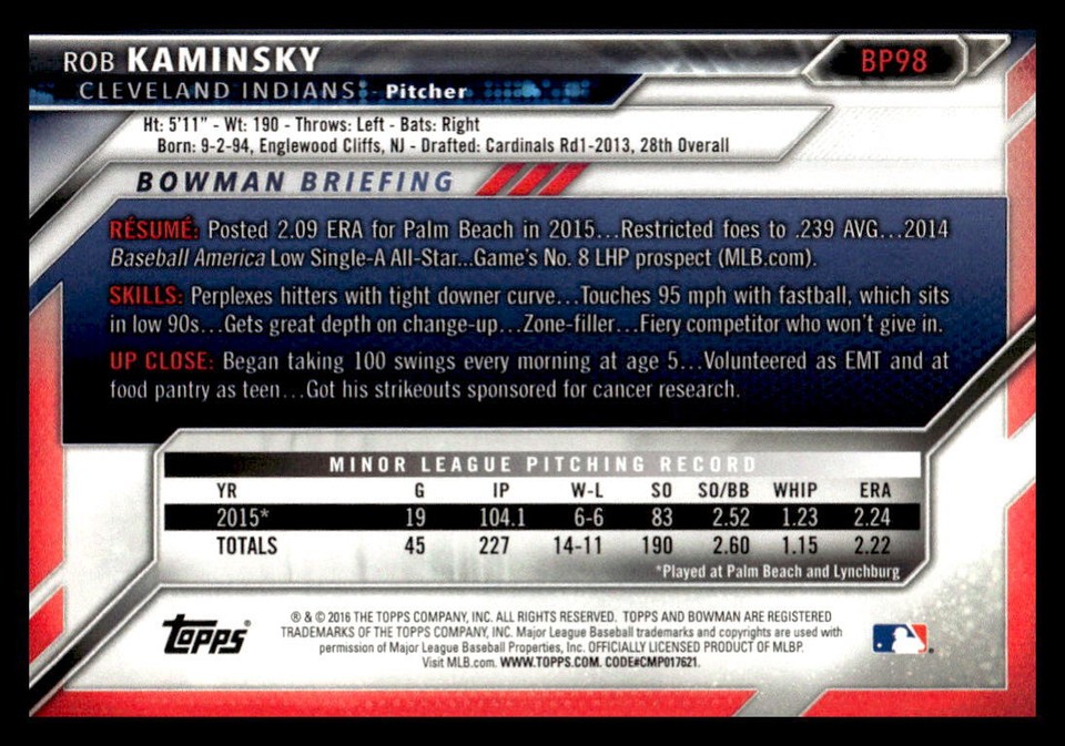 2016 Bowman #BP98 Rob Kaminsky Cleveland Indians | eBay