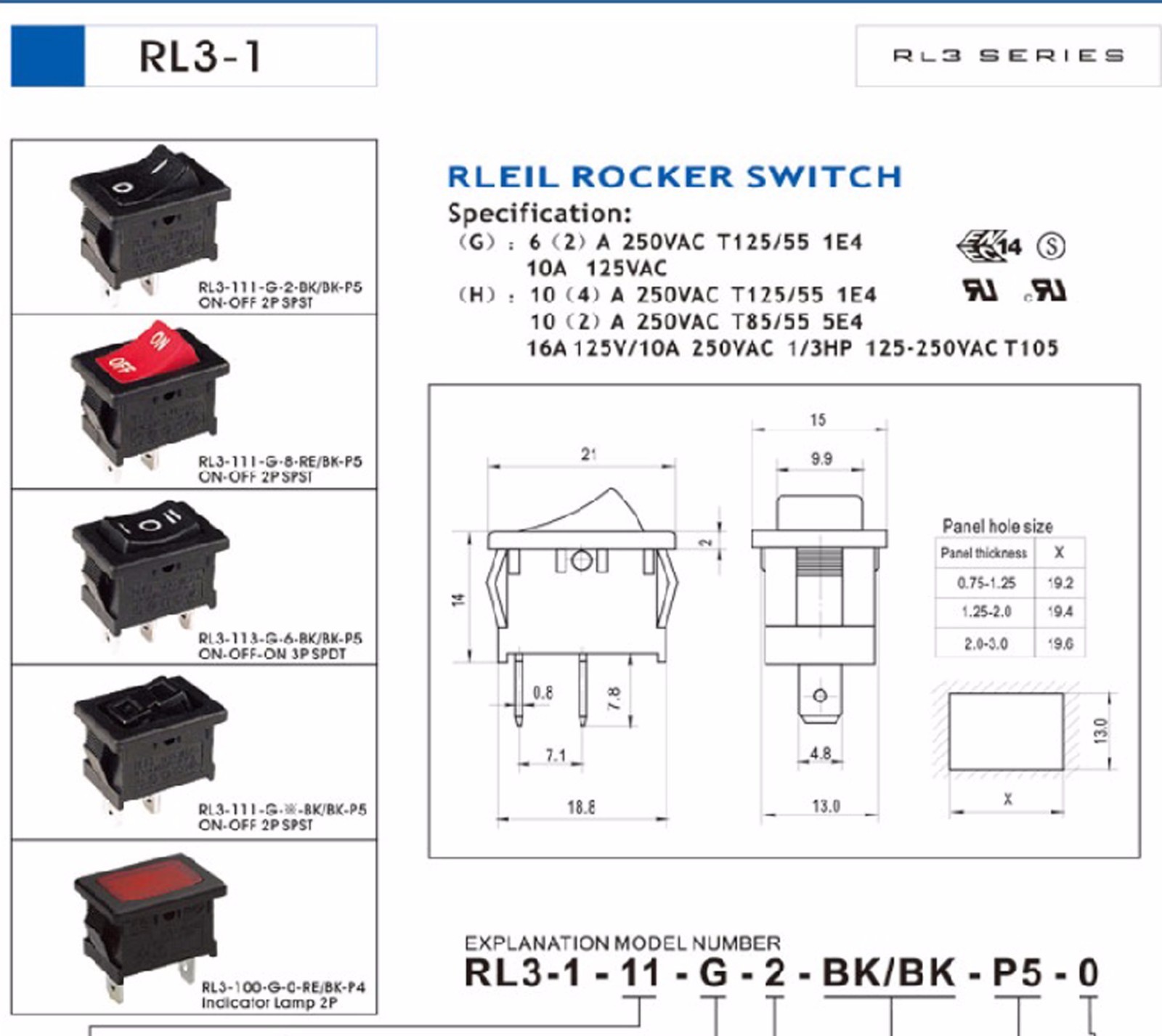50pc On-Off Rocker Switch 2P 16A 125V 10A 250V RLEIL RL3-1 RL3-1-11-H-2 ...
